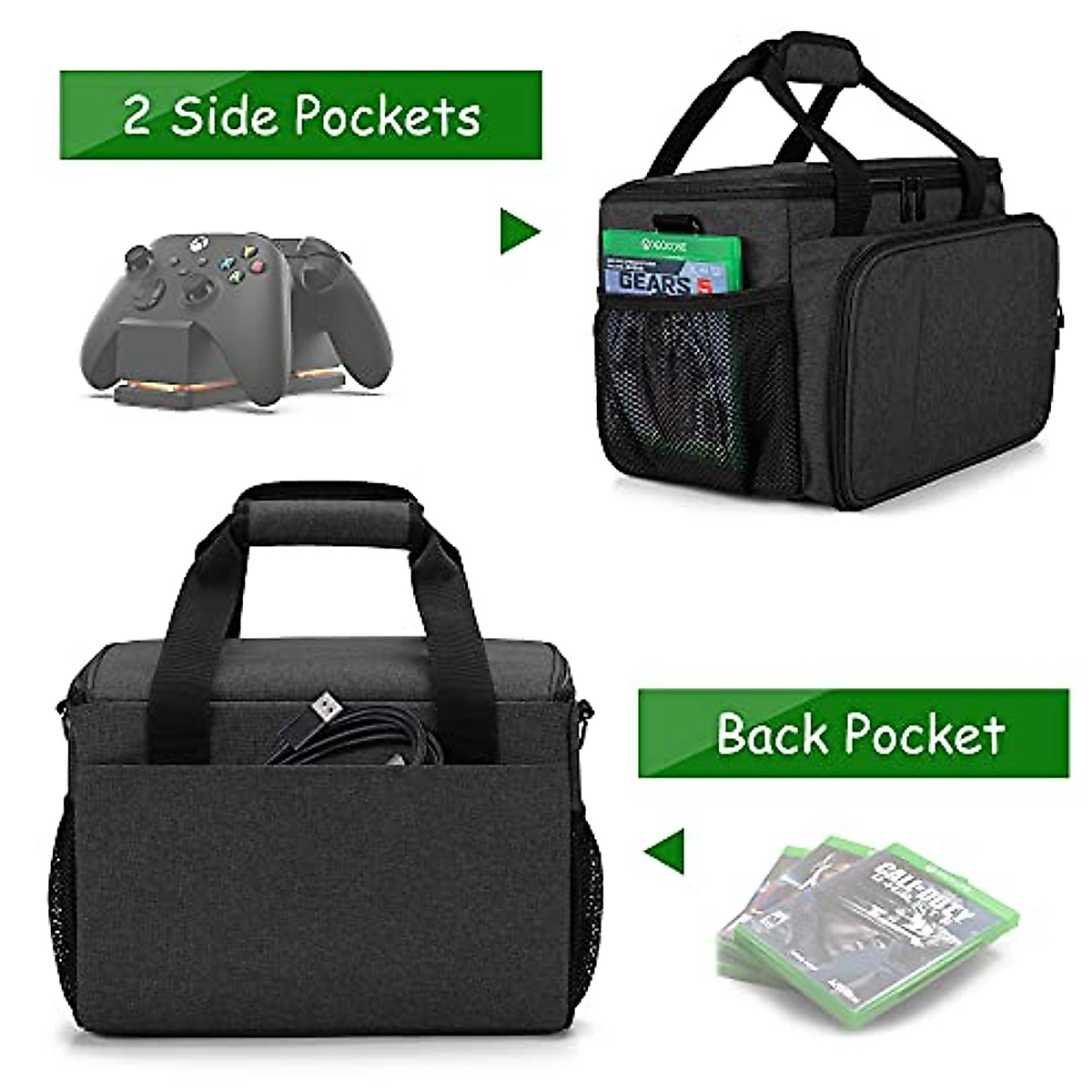 CURMIO Game Console Carrying Case Compatible with Xbox Series X, Portable Carrying Bag with Shoulder Strap for Controllers, Cables, Headsets, Ideal for Game Player, Black, Patent Pending, Bag Only