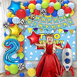 Miucat Two Infinity and Beyond Birthday Decorations Include Happy Birthday Banner Balloons Backdrop Film Balloon Cake Topper Tablecloth, 105 Pcs Toy Inspired Story 2nd Birthday Party Supplies
