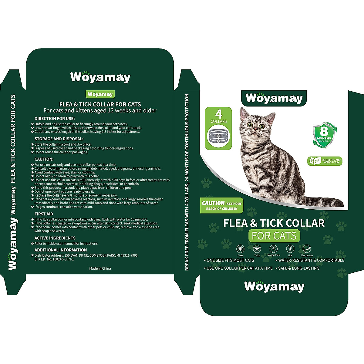 4 Pack Flea Collar for Cats, Cat Flea and Tick Treatment, 8 Months Protection Flea and Tick Prevention for Cats, Waterproof Cat Flea Collar, Adjustable Cat Flea and Tick Collar for Cats Kittens, Grey