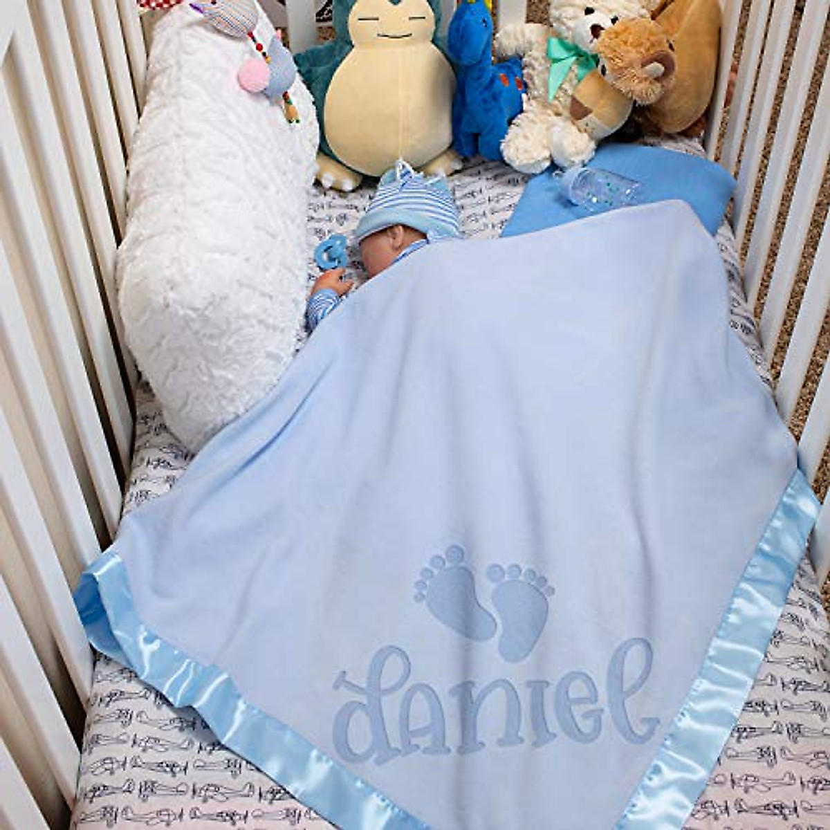 Be Burgundy Personalized Baby Blankets w/Name - Baby Receiving Blanket - 36x36 in | Satin Trim, Fleece | Blue - Baby Boy Gifts, Baby Stuff, Welcome Baby Gifts for Newborns | Footprints
