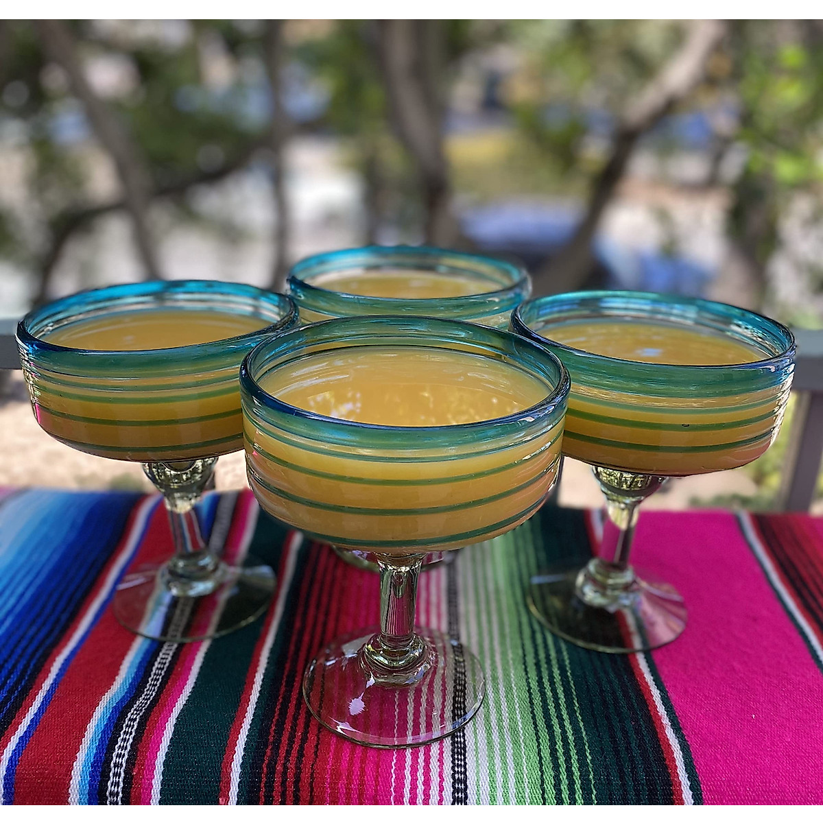 Mexican Hand Blown Glass – Set of 4 Hand Blown Margarita Glasses (16 oz) with Aqua Spiral Design