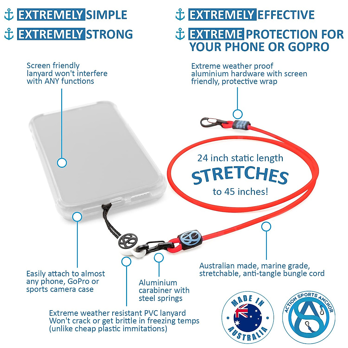 Action Sports Phone Lanyard – Tough Outdoors Cellphone Lanyard & Anti-Tangle Bungie Cord Strap Securely Tether Your Mobile ProCam Keys Wallet - Aussie Made