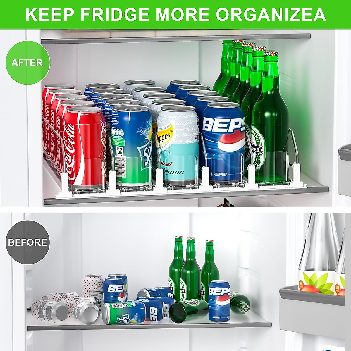 KUUKIKV Drink Organizer for Fridge, Upgraded Soda Can Dispenser for Refrigerator, Automatic Pusher Glide and Adjustable Width Can Organizer for Refrigerator - Holds up to 25 Cans (5 Rows White)
