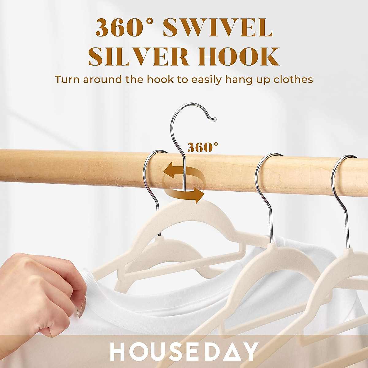 HOUSE DAY Velvet Hangers with Tie Bar 20 Pack Ivory, Clothes Hangers Non-Slip, Space Saving Felt Hangers for Pants, Coat, Suits, Shirt, Scarf, No Hanger Marks