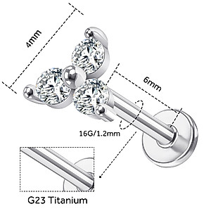 Designfy 14K White Gold Threadless Earring Top Push in Triple Clear CZ Flat Back Nose Stud Threadless Cartilage Earring Helix Stud Tragus Piercing Jewelry for Women Men 6mm