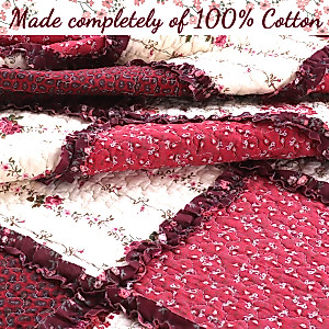 Cozy Line Home Fashions 100% Cotton True Patchwork Reversible Red Floral Paisley Rag Ruffle Farmhouse Quilt Bedding Set, Coverlet Bedspread (Rose Vintage, King - 3 Piece)