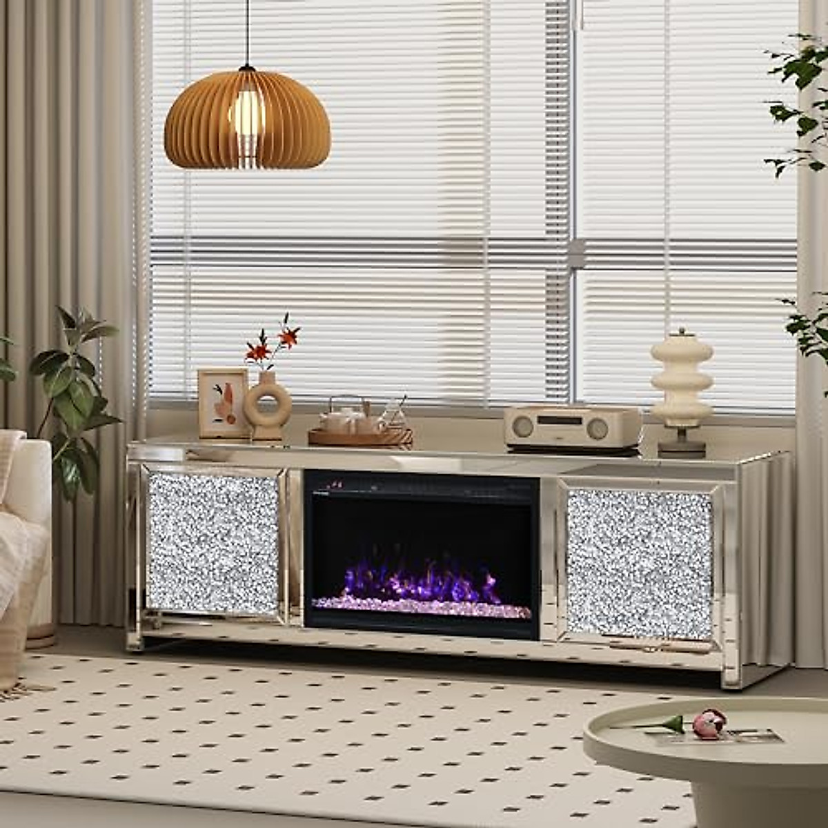 ENENE Mirrored TV Stand with Fireplace-10 Colors Changing Crystal Electric Fireplace tv Stand for 65 inch TV Electric Fireplace Entertainment Center for Living Room (Remote Control & 3D Flame)