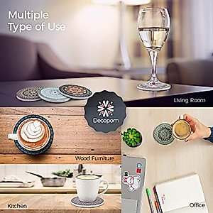 Decopom Drink Coasters Stone Mandala with Holders - 12 Pack Cute Cool Drink Coasters Absorbent Ceramic Round Edge with Cork Base and 2 Black Iron Holders for Apartment Table Bar Mugs Glasses Cup Beer