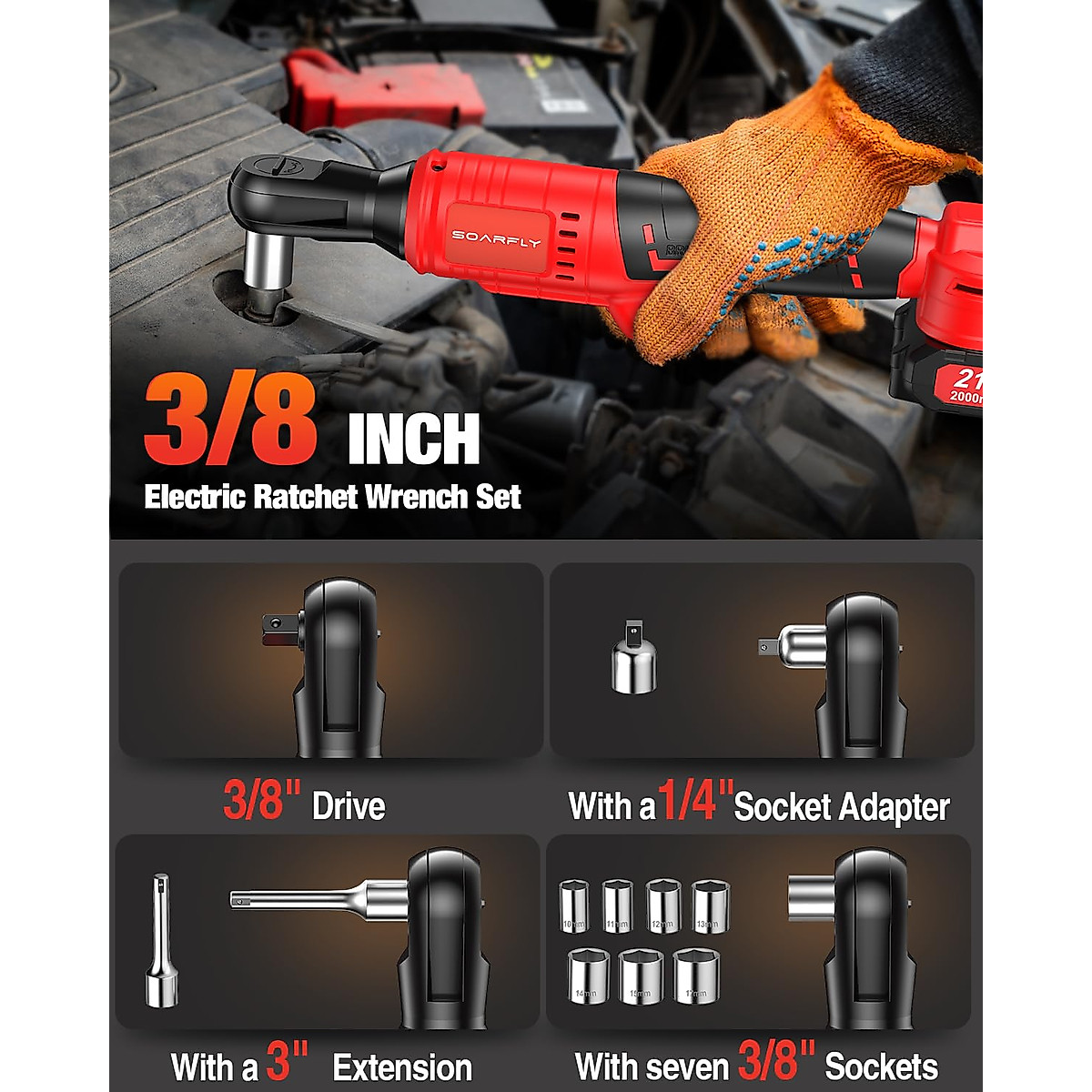 Cordless Electric Ratchet Wrench Set 3/8", Upgraded 60 Ft-lbs 21V Powerful Ratchet Tool Kit, With LED Light Cordless Ratchet,Variable Speed,7 Sockets, 3" Extension Bar, 1/4" Adapter, 2*2000mAh Battery