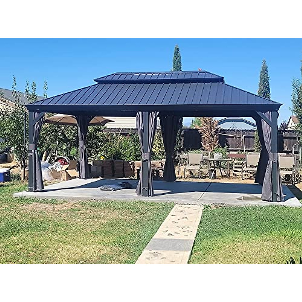 12' x 20' Hardtop Gazebo Outdoor Aluminum Gazebos with Galvanized Steel Double Canopy for Patios Deck Backyard,with Curtains&Netting by domi outdoor living Brown