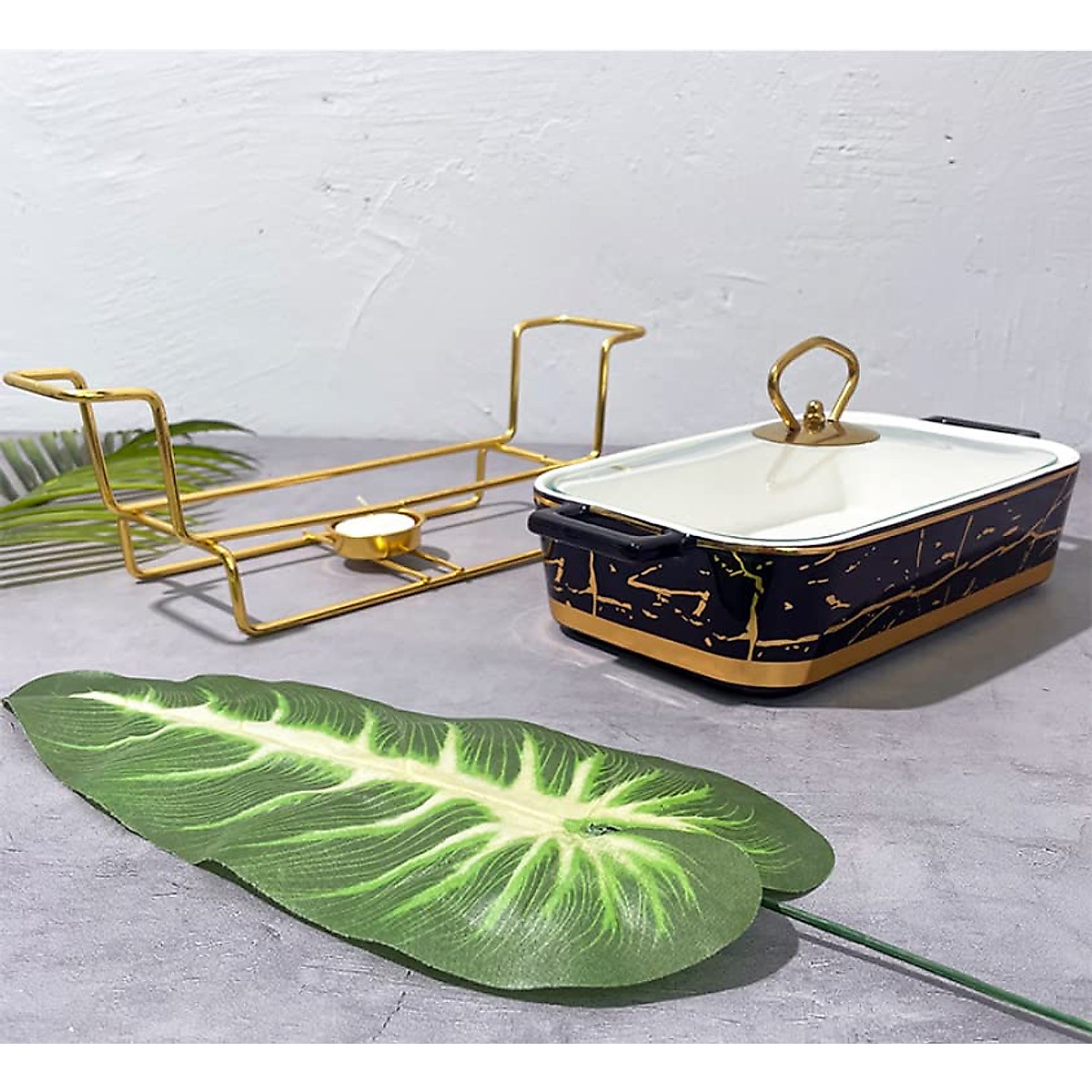 HONHPD Ceramics Chafing Dish Buffet Set, Marble Finish Chafing Dish, Rectangular Chafers for Buffet/Weddings/Parties/Banquets/Catering Events, Black (3 Piece Set）