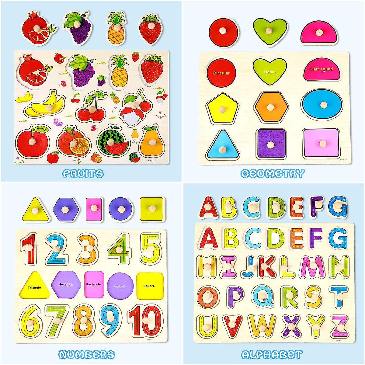 8 Set Wooden Peg Puzzles for Toddlers 2-4 Years Alphabet Number Animal Vehicles Puzzles Board for Kids Educational Learning Puzzles Toys for Children Babies Boys Girls (Lovely)