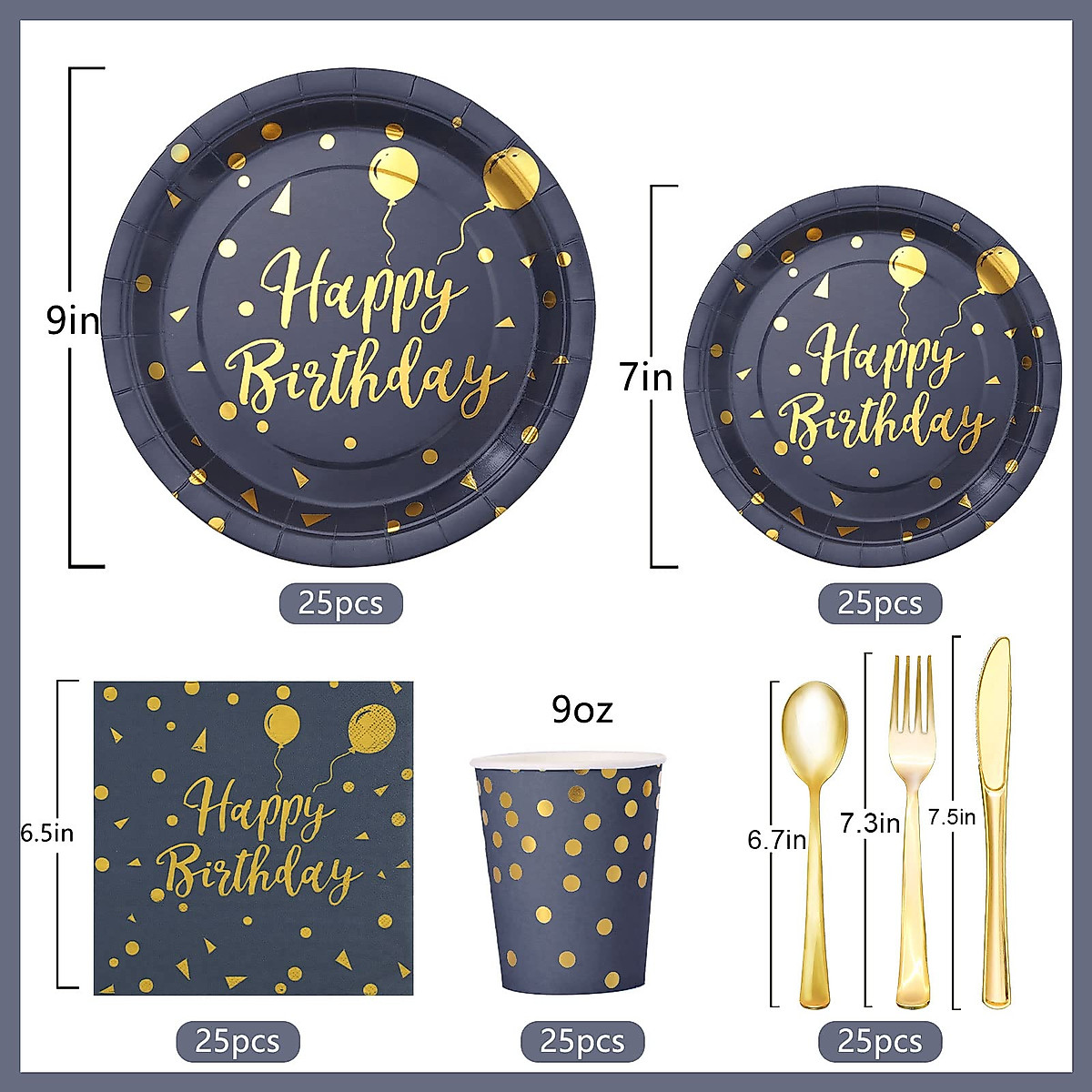 joy akkess 175 Pcs Blue Birthday Party Supplies - Blue Birthday Plates and Napkins Set Serves 25 - Blue and Gold Birthday Plates Napkins Cups Cutlery for Men Happy Birthday Party Decorations