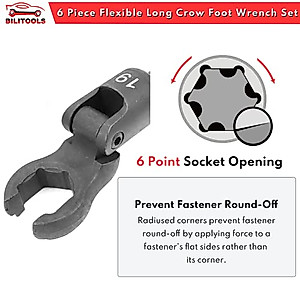 BILITOOLS Long Flex Head Crows Foot Line Wrench Set, 3/8" Drive Injector Fuel Line Crowfoot Flare Nut Socket Wrench Metric 12-19 mm