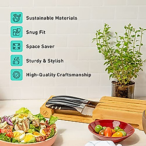 Bamboo Knife Block and In-Drawer Storage, Display Stand and Organizer, Holds to Five 8 Inch Knives, Hand Finished Sustainable Bamboo - 13.78 L x 5.4 W x 2.1 H Inches, Knives Not Included Gen 2
