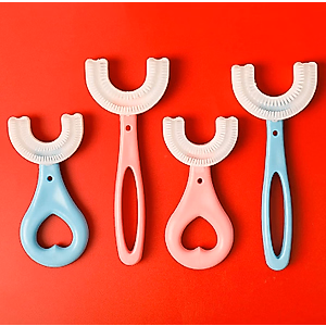 Pritbon 4pcs Kids U Shaped Toothbrush with Silicone,U-Type Toothbrush with Handle 360° Thorough Cleansing for Toddlers and Kids(2-8 Years Old), Blue, 4 Piece Set