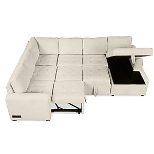 Merax 107.5" Sectional Sleeper Sofa with Pull Out Bed, Storage Chaise & Charging Devices, Corduroy 5 Seat Oversized U-Shaped Cloud Couch Set, Convertible Sofabed for Living Room and Apartment, Beige