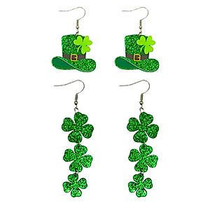 St Patricks Day Earrings Irish Green Hat Clover Dangle Earrings shamrock Holiday Earring for Women (Style-A)