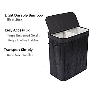 BIRDROCK HOME Double Laundry Hamper with Lid and Cloth Liner - Bamboo - Black - Easily Transport Laundry Basket - 2 Section Collapsible Hamper - String Handles