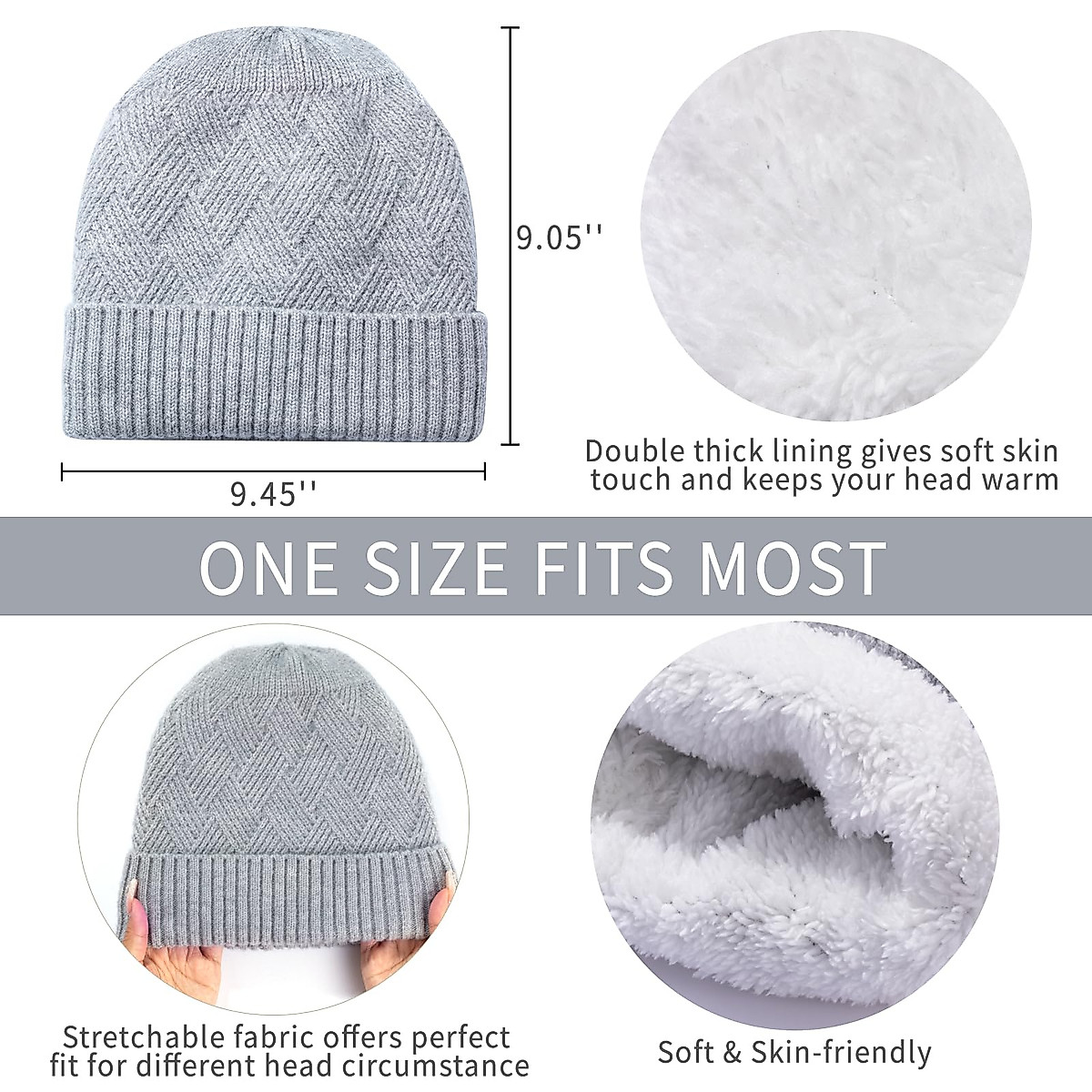 REACH STAR Womens Winter Warm Knit Beanie Hat Touchscreen Gloves Long Scarf Set with Soft Fleece Lined Skull Caps Neck Scarves Mitten 3 in 1 Set Gift for Women