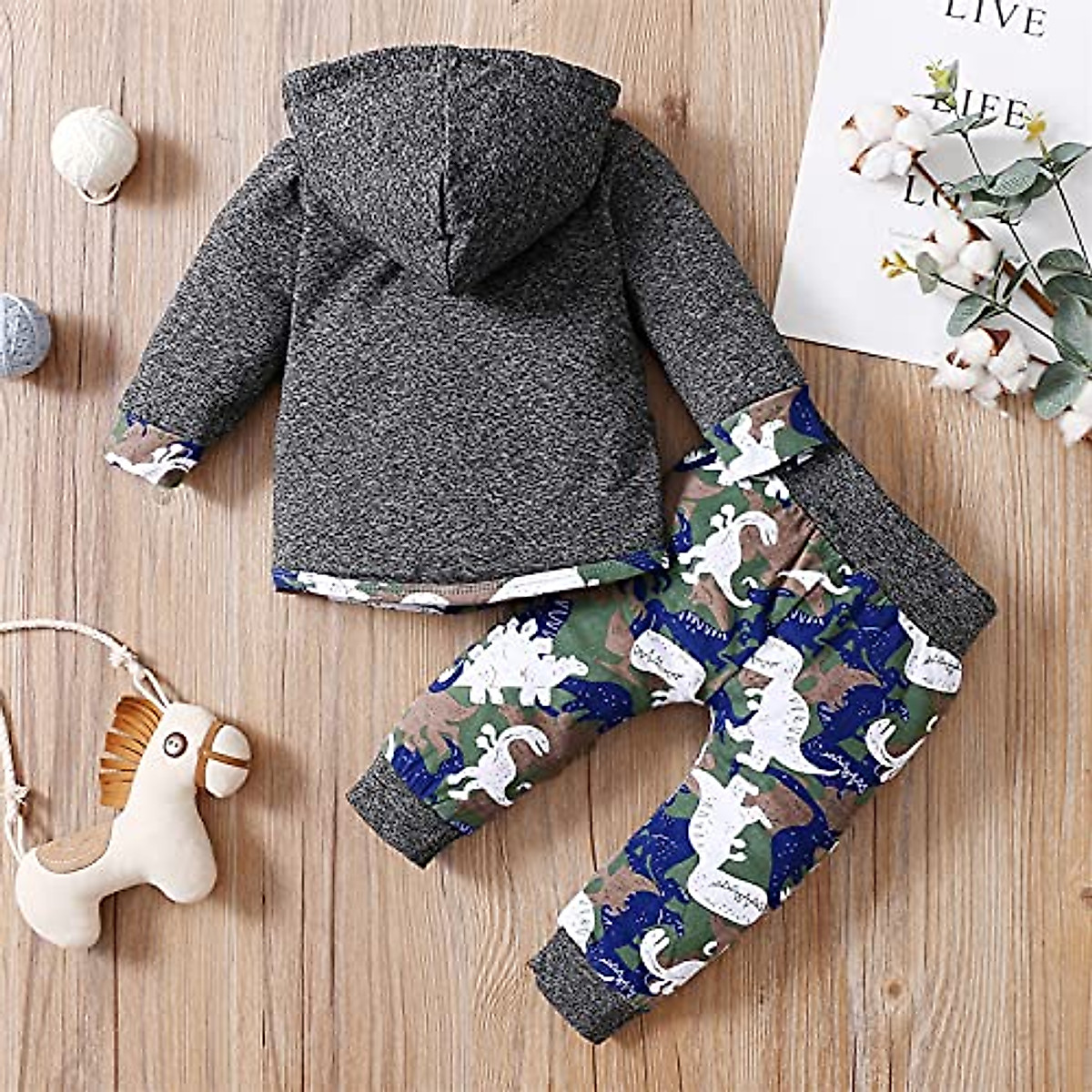 Viworld Toddler Baby Boy Clothes Infant Long Sleeve Hoodie Tops Dinosaur Print Pants Fall Winter 2pcs Outfit Set (Grey, 3-4T)