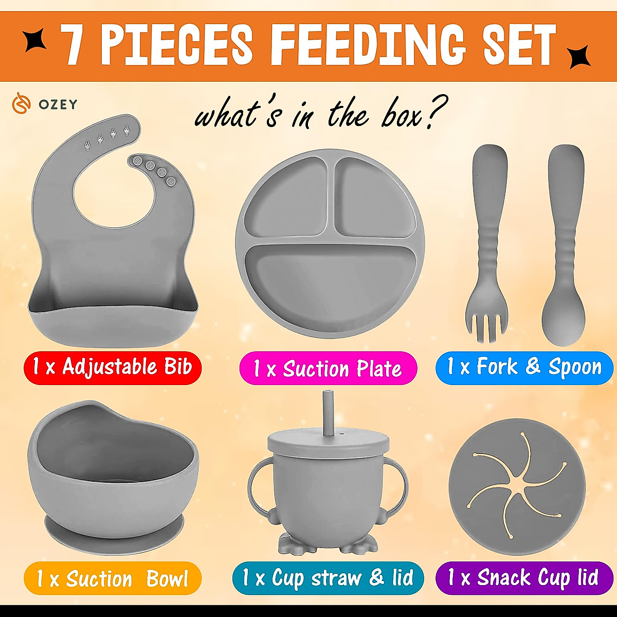 OZEY Silicone Baby Feeding Set: 100% Food Grade Baby Bib, Toddler Suction Plates and Bowls Set, Spoon, Fork, Cup, Straw-Baby Led Weaning Supplies (Grey), Small, Gray, 12232