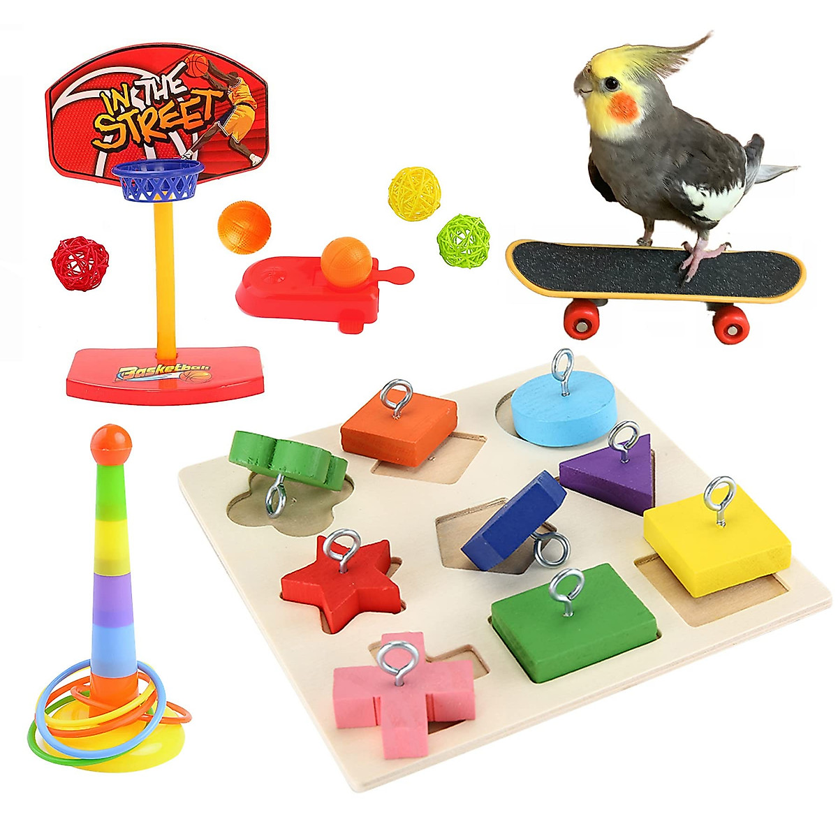 Bird Training Toy, Parakeet Intelligence Toy, Parrot Wooden Block Puzzles Toy, Bird Basketball Toy, Parrot Skateboard, Bird Stacking Toy for Parrot Budgie Cockatiel Finch