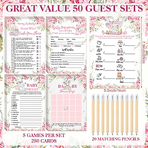 Patelai 321 Pcs Baby Shower Games Supplies, 5 Sets (50 Cards Each) Activities Cards with 20 Pencils 1 Don't Say Baby Sign 50 Clothespin(Pink Elephant)