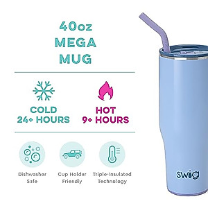 Swig Life 40oz Mega Mug, 40 oz Tumbler with Handle and Straw, Cup Holder Friendly, Dishwasher Safe, Extra Large Insulated Tumbler, Stainless Steel (Bay Breeze)