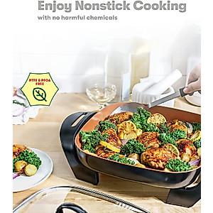 Electric Skillet Nonstick with Lid - 12"x12" Deep Frying Pan, Serves 4 to 6 People, Cool Touch Handles, Removable Heating Probe, Dishwasher Safe, Copper