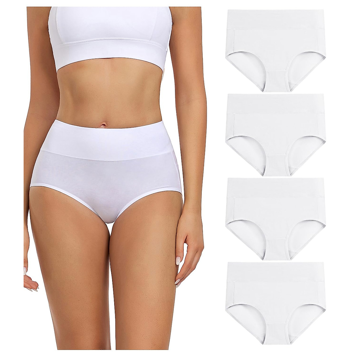 wirarpa Women's Cotton Underwear Panties High Waisted Full Briefs 4 Pack Ladies No Muffin Underpants White X-Large
