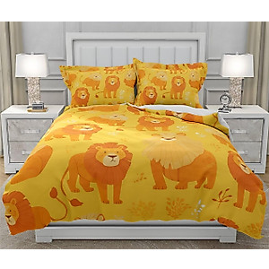 Moinlizy 3D Cartoon Lion Printed Duvet Cover Twin Size 3D Yellow Cute Lion Bedding Sets Bedclothes Room Decor Wild Animal Theme No Comforter