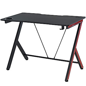 HOMCOM 47 inch Gaming Computer Desk, Home Office Gamer Table Workstation with Cup Holder, Headphone Hook, Cable Management, Carbon Fiber Surface
