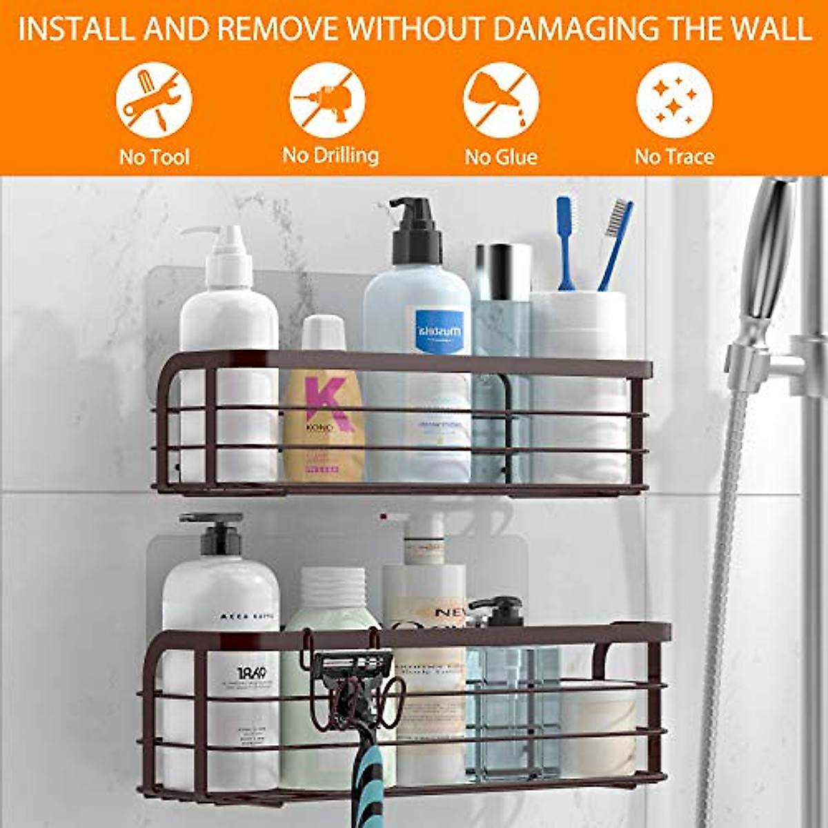 Avolare Shower Caddy, 2 Pack Adhesive Shower Organizer with Razor Hooks and 4 Adhesives, No-Drill Large Capacity Rustproof Stainless Steel Shower Shelf for Dormitory, Kitchen, Bathroom Storage, Bronze