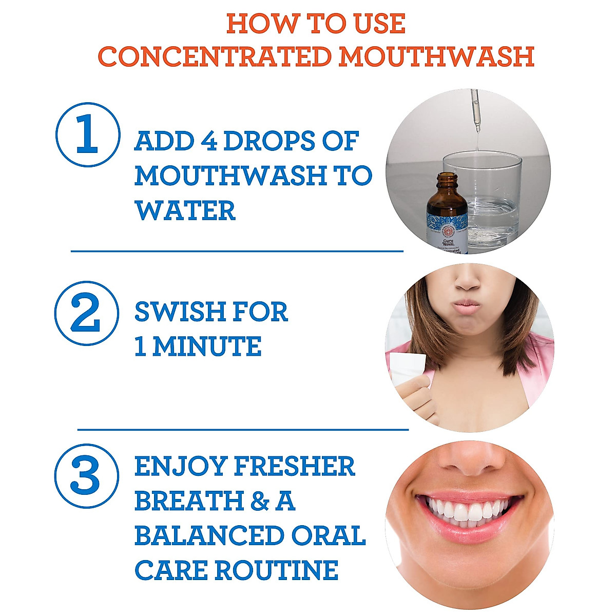 GuruNanda Concentrated Mouthwash, Helps with Bad Breath, Promotes Teeth Whitening, Made with 100% Natural Essential Oils, 1 Bottle Equals 300 Rinse, Fluoride-Free - Mint Flavored (2 oz)