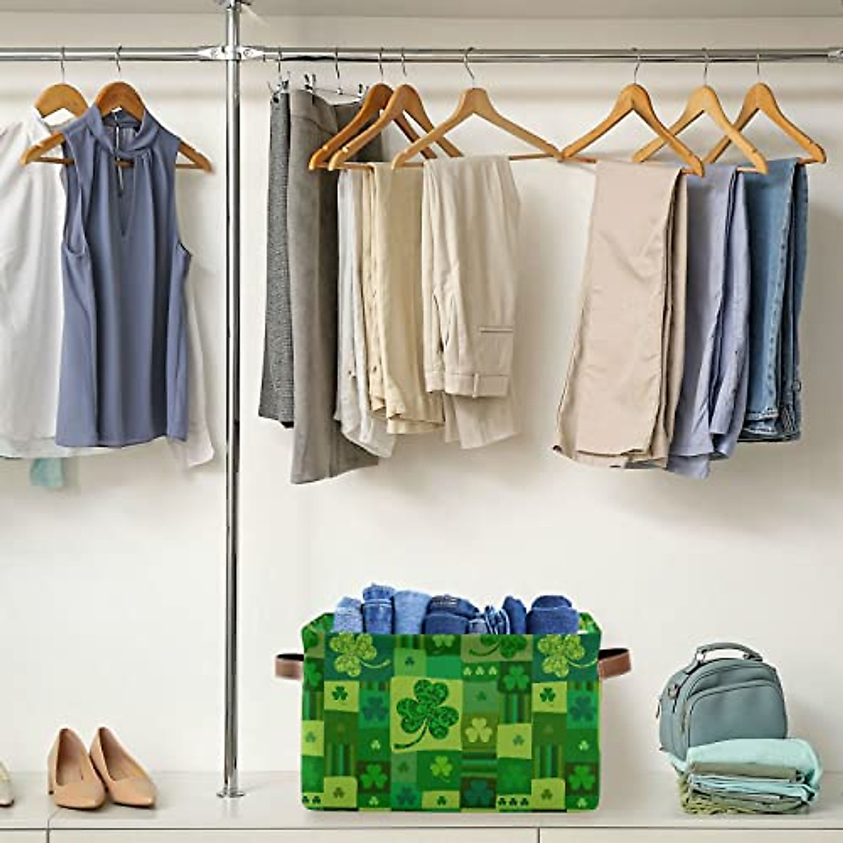 ALAZA Happy St.Patrick's Day Clover Leaf Plaid Foldable Storage Box Storage Basket Organizer Bins with Handles for Shelf Closet Living Room Bedroom Home Office 2 Pack