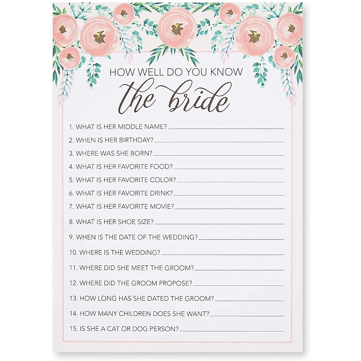 Juvale Set of 5 Bridal Shower Games for 50 Guests, Wedding and Engagement Party Activities, Pink Floral Design