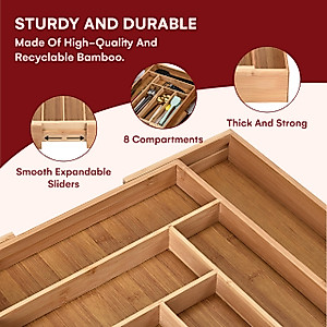 KITCHTIC Expandable Bamboo Drawer Organizer for Utensils, Cutlery, Silverware, Flatware, Knives for Kitchen - Wooden Cabinet Drawers Dividers for Spoon, Fork, Knife - Adjustable to any Size