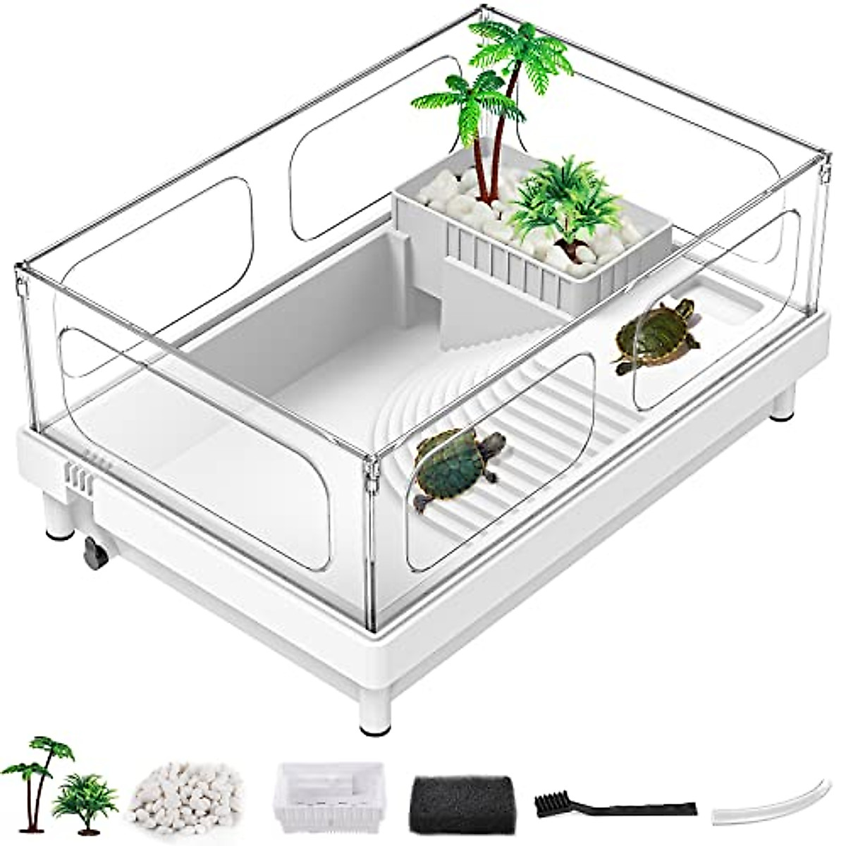 MoonOrange Small Turtle Tank, Turtle Aquarium, Acrylic Turtle Terrarium with Basking Platform, Bottom Drainage, Multi-Function Areas for Turtles, Crabs, Crayfish, Small Reptiles. (White Tank)