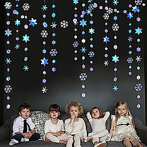Clearance 52Ft Winter Wonderland Party Decoration Iridescent Snowflake Garland Holographic Paper Snowflakes Streamer for Winter Onderland Christmas Frozen Birthday Wedding Bridal Shower Party Supplies