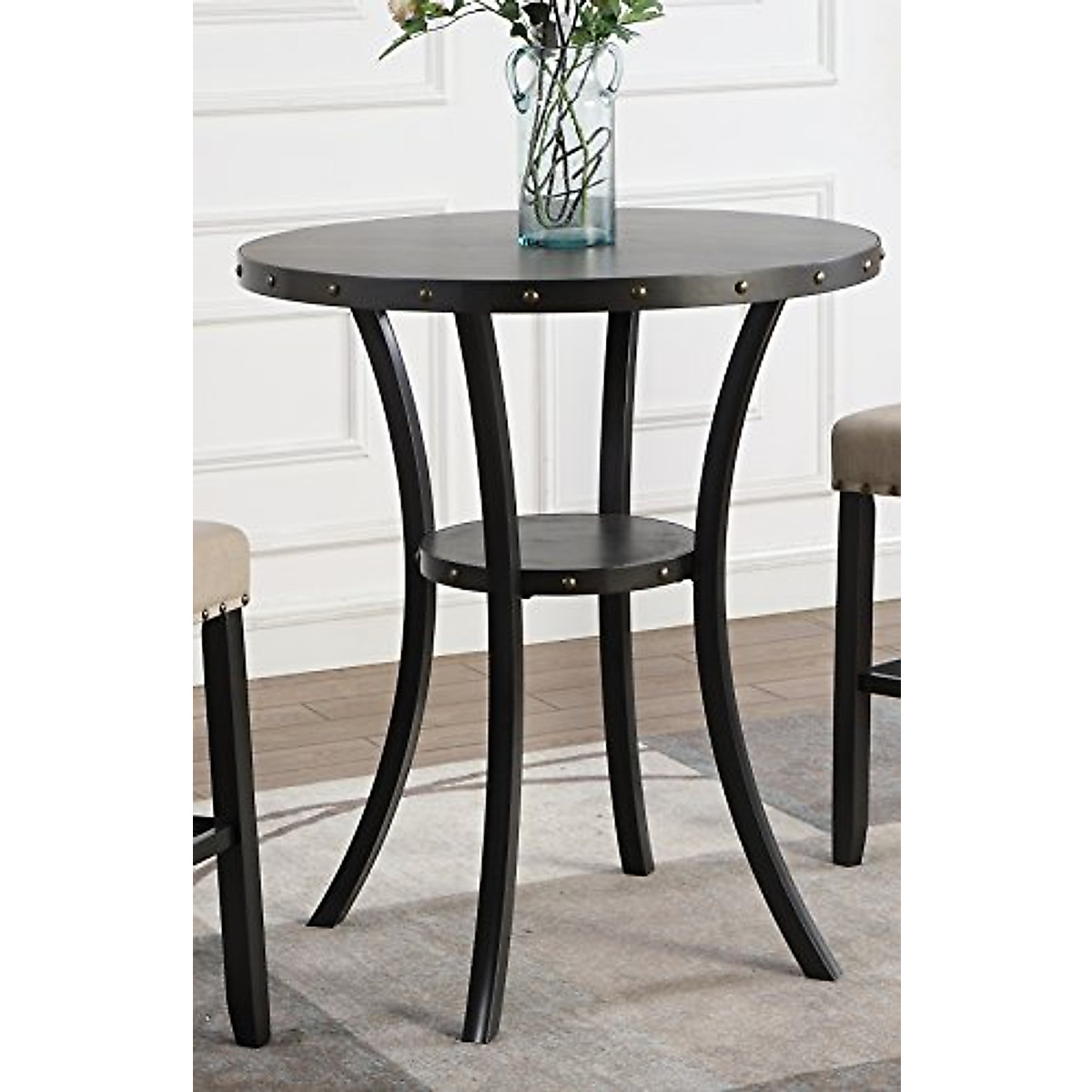 Roundhill Furniture Biony 3 Piece Set - 36" Round Espresso Bar Table with Nail Head Stools, Tan
