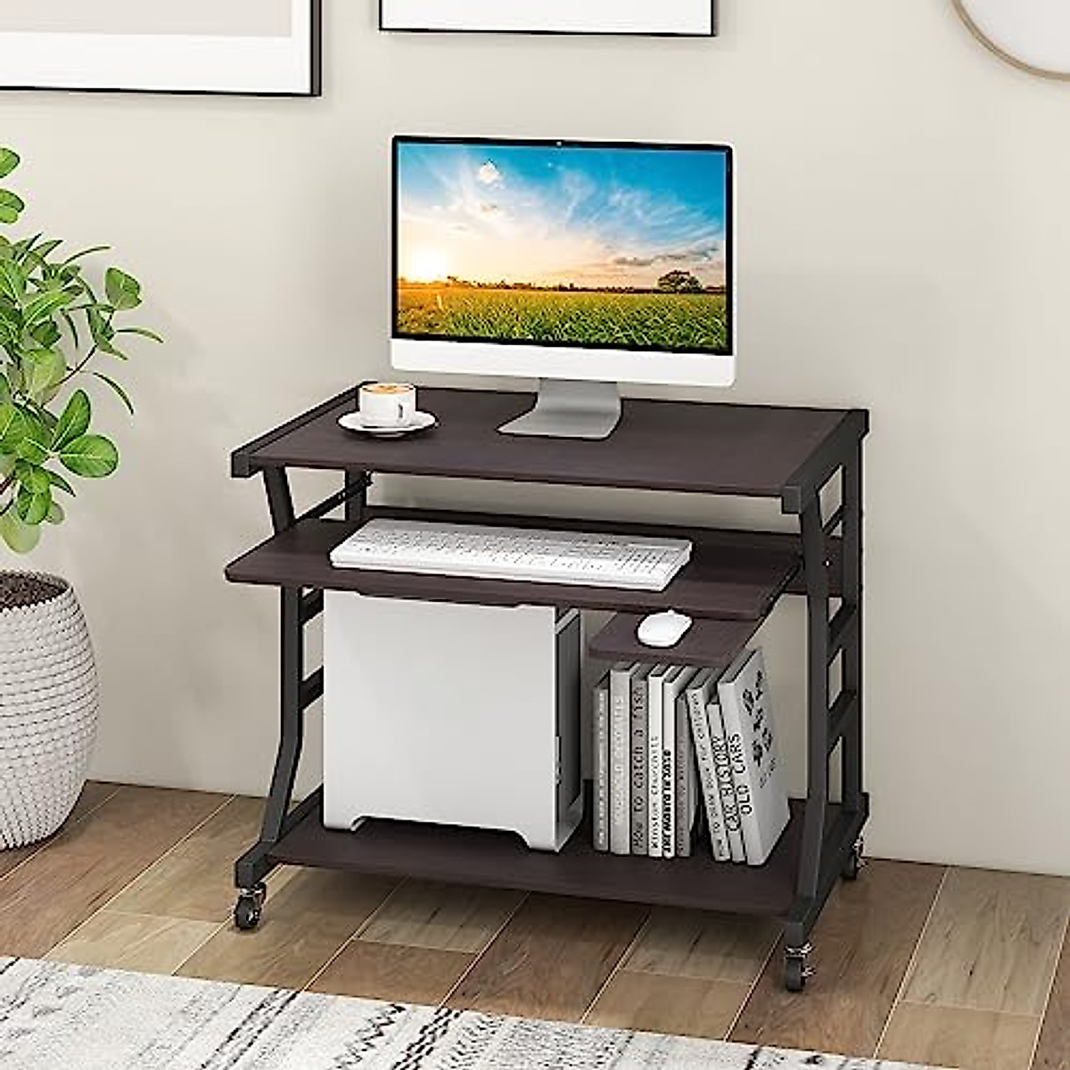 Tangkula Mobile Computer Desk with Keyboard Tray, Portable Small Rolling Desk with Mouse Tray & Bottom Storage Shelf, Rolling Laptop PC Desk Cart with Lockable Wheels for Small Space (Brown)