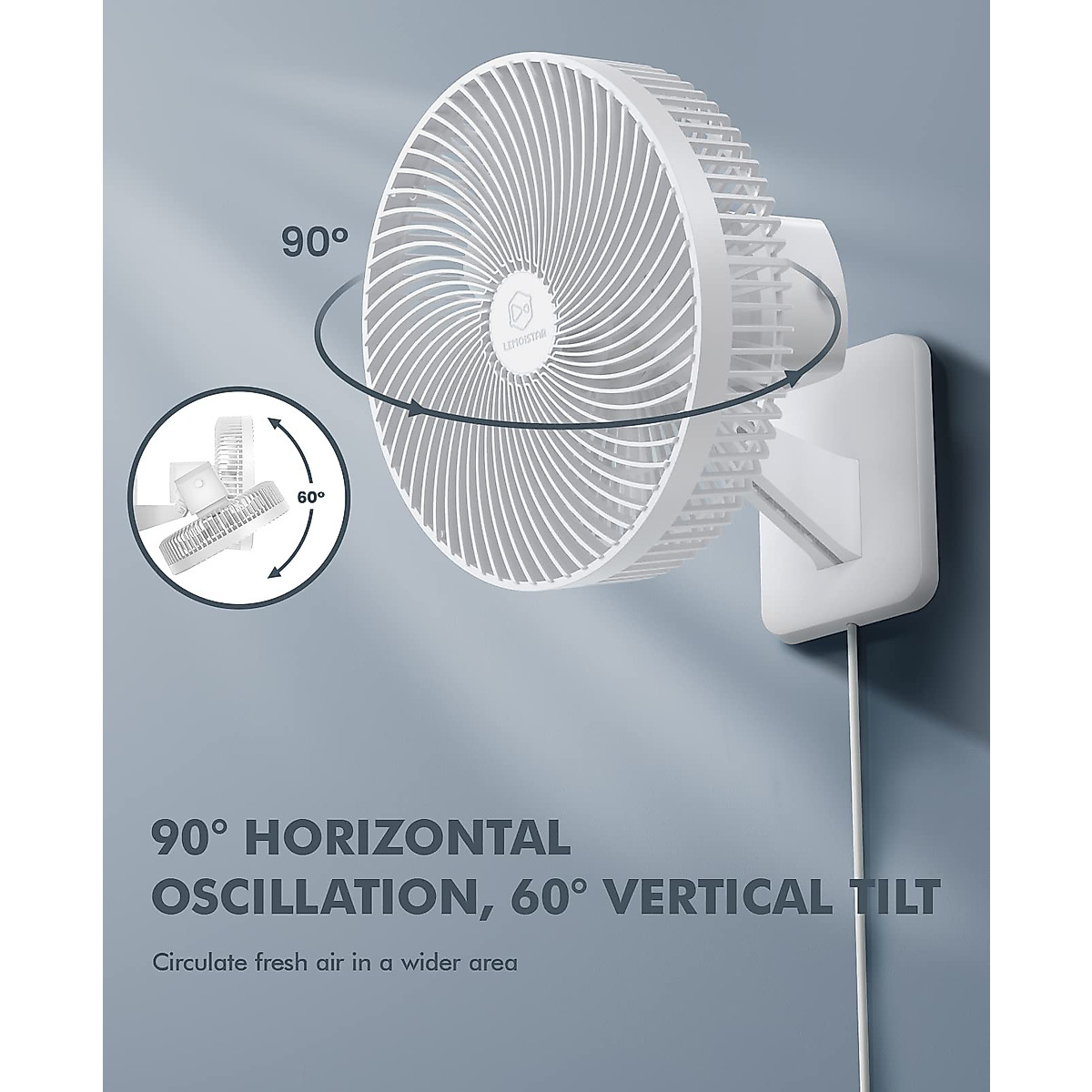 LEMOISTAR 10 Inch Wall Mounted Fan with Remote Control, 90°Oscillating, High Velocity 4 Speeds, Timer, Adjustable Tilt, 70Inch Cord, Ultra Quiet,for Bedroom Garage RV Office Home-White