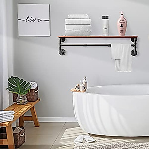 MOUTIK Top Shelf Clothes Hanging Rack: Industrial Pipe Wall Mounted Retail Garment Racks with Wood Floating Shelves - Heavy Duty Display Clothing Hanger Rod for Closet Coat Storage