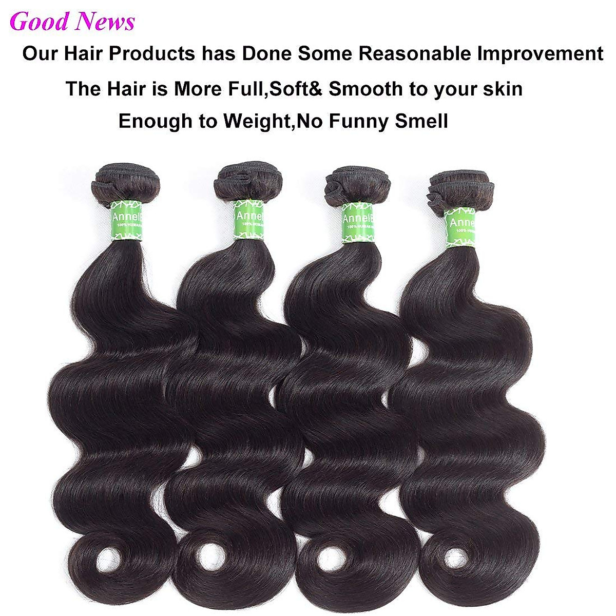 ANNELBEL Brazilian Hair 4 Bundles Body Wave 8A Virgin Unprocessed Human Hair Bundles Remy Human Hair Extensions Weave - Wavy Hair, Double Weft, Natural Black, (10", 50g)/Bundle