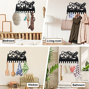 MAYJOYDIY Mountain Forest Animal Metal Coat Racks Wall Mounted Deer Bird Coat Hooks 15.7×9.8inch 10 Hooks Nature Scenery Key Holder Wall Art Decor Gift Black Key Hooks for Coats Hats Towels Bags