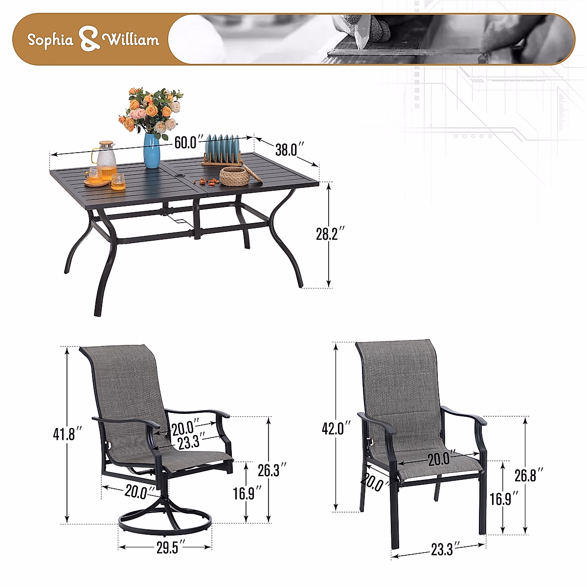 Sophia & William Patio Dining Set 7 Pieces Patio Table and Chairs for 6 Padded Quick Dry Textilene High Back Outdoor Dining Set Support 350lbs for Outdoor Lawn Garden Backyard
