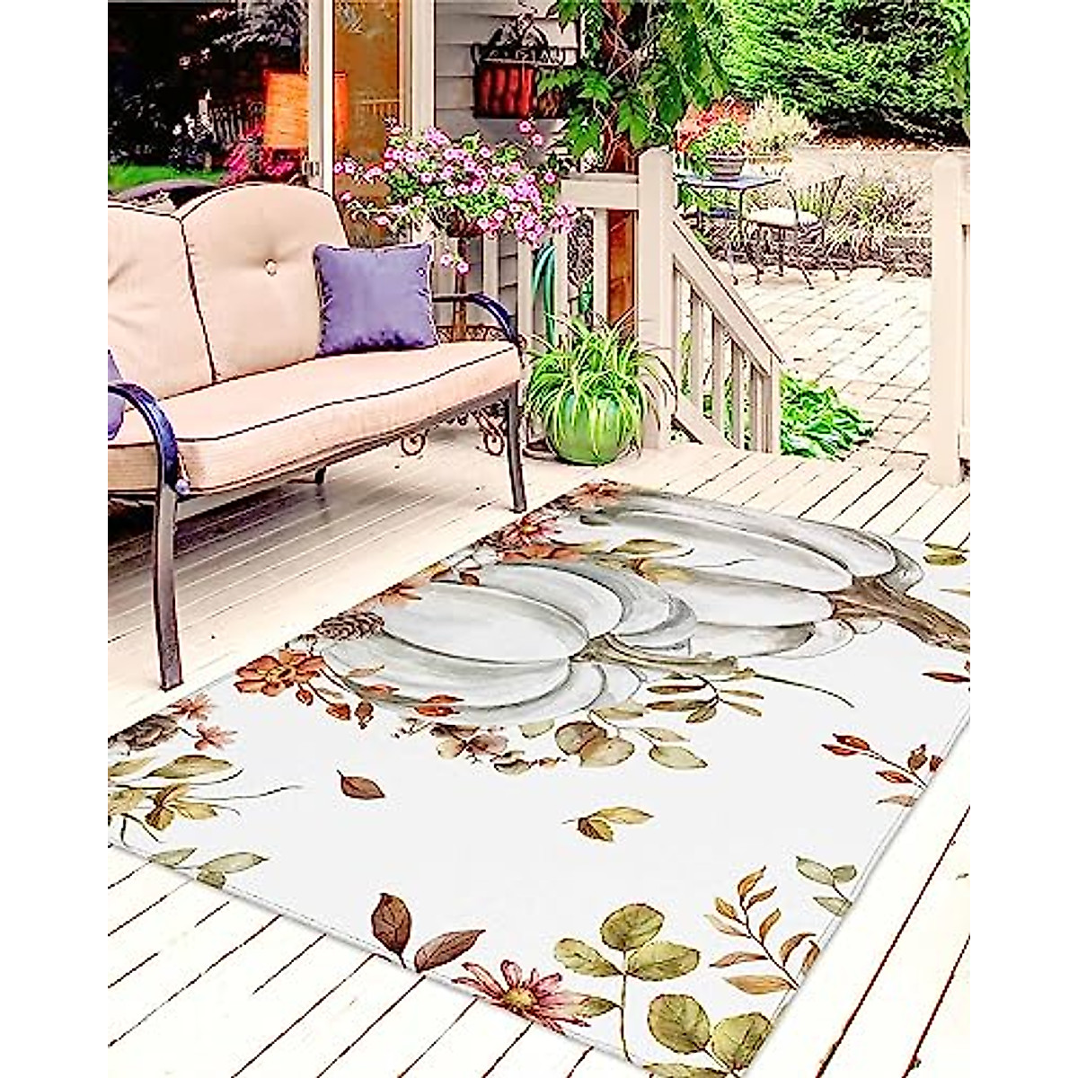 Fall Floral Thanksgiving Outdoor Rug for Patio, Large Floor Mat Grey Pumpkin Maple Leaves Non Slip Area Rug Rubber Backing Quick Dry Clearance Carpet for Camping, Garden, Lawn, Deck, Porch, 4' x 6'