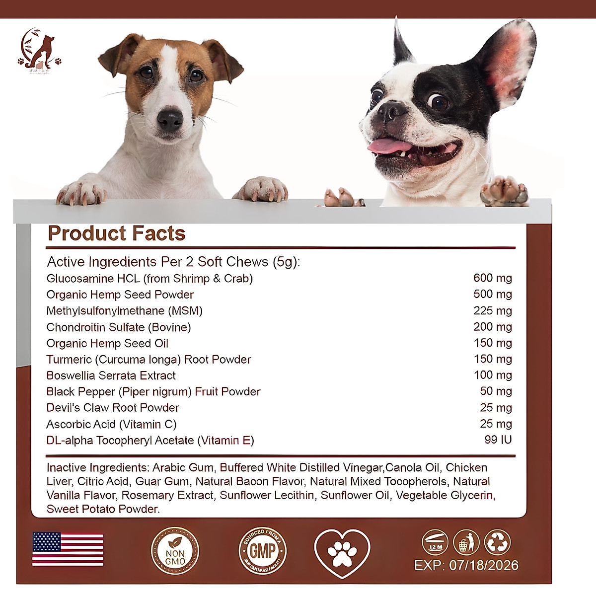 Maggie & ME Dog Pain Relief Hip and Joint Supplements | Glucosamine for Dogs 600mg | Organic Hemp Seed Powder/Oil 650mg | Chondroitin, MSM, Turmeric, Vitamins C & E+ | 120 Bacon Mobility Supplements