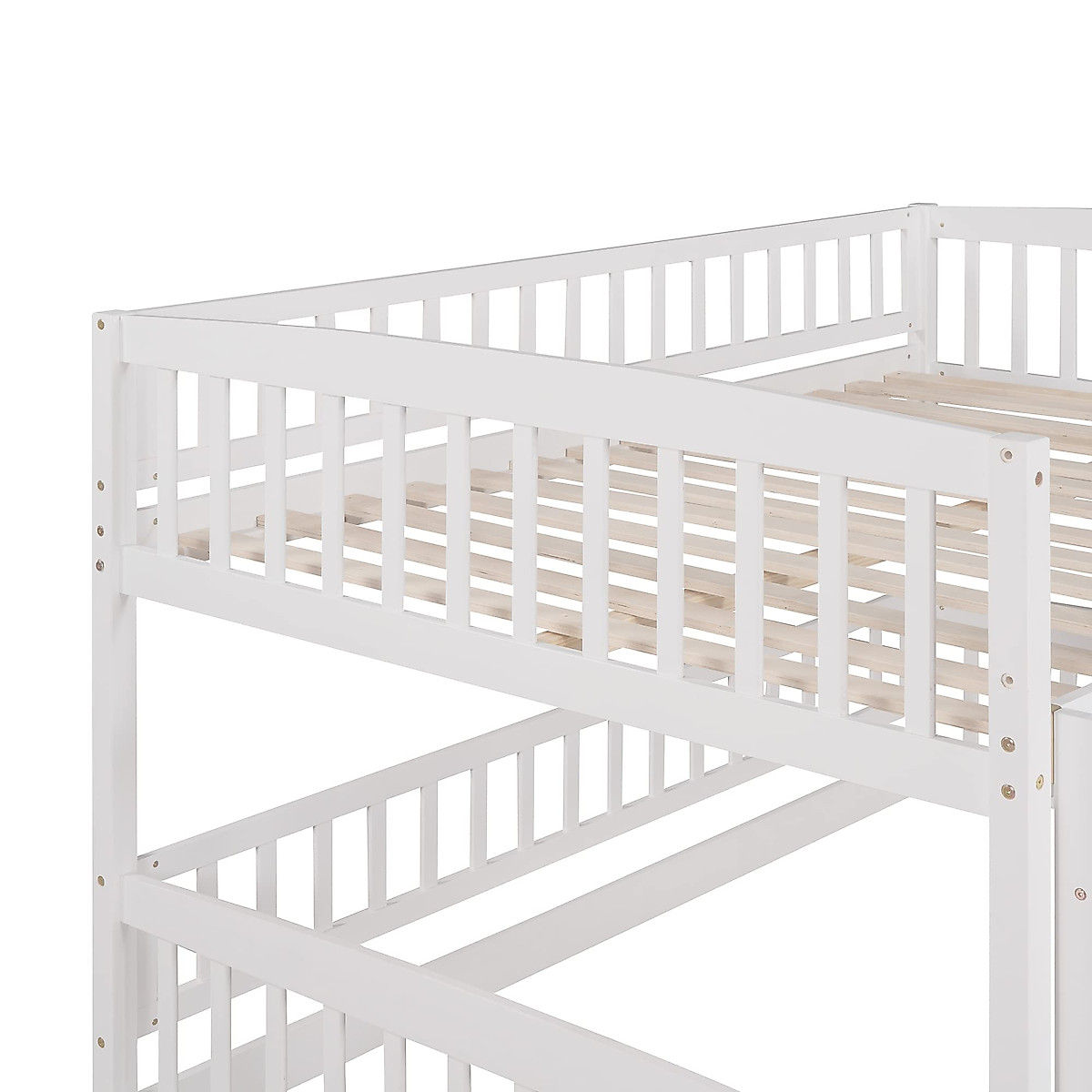 DreamBuck Full Over Full Bunk Bed with Convertible Slide and Ladder, Wood Low Bunk Bed with Fence for Toddler/Kids/Teens, Floor Bunk Bed for Boys/Girls, Space Saving, Easy Assembly, White